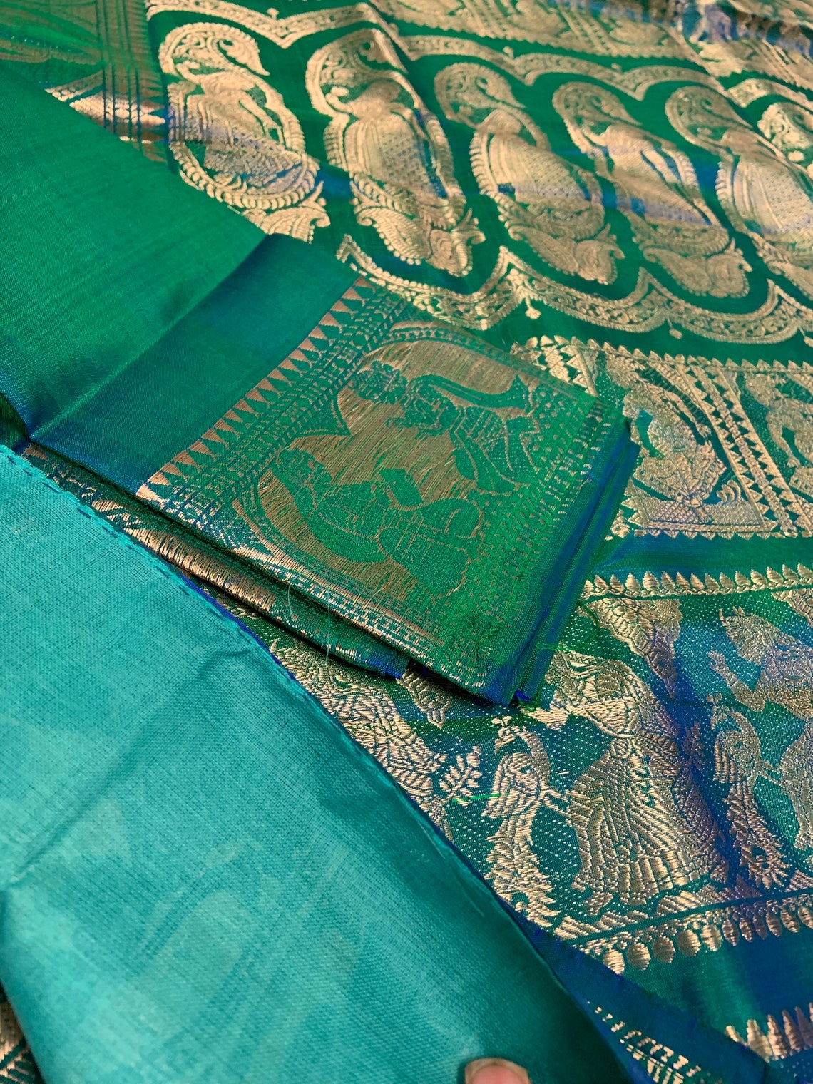 Pure Bishnupuri Baluchari/ Swarnachari Silk Saree Blue and Green Dual ...
