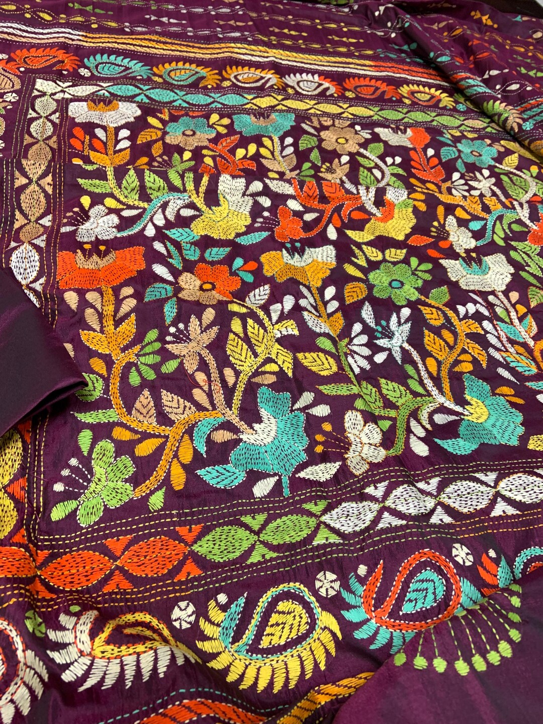 Exclusive Hand Embroidery Bengals Traditional Kantha Silk Saree for Any ...
