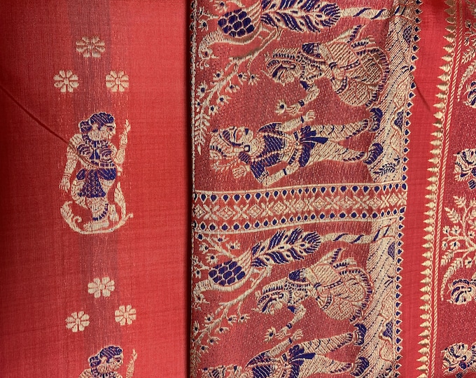 Hand Woven Pure Baluchari Silk Saree Tomato Red Color With Figure ...