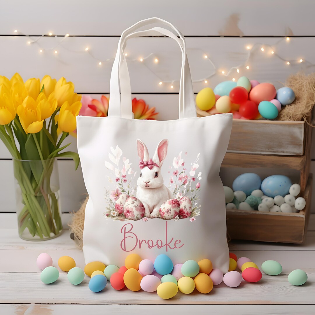 Personalized Floral Easter Bunny Tote Bag, Custom Name Easter Egg Bag ...