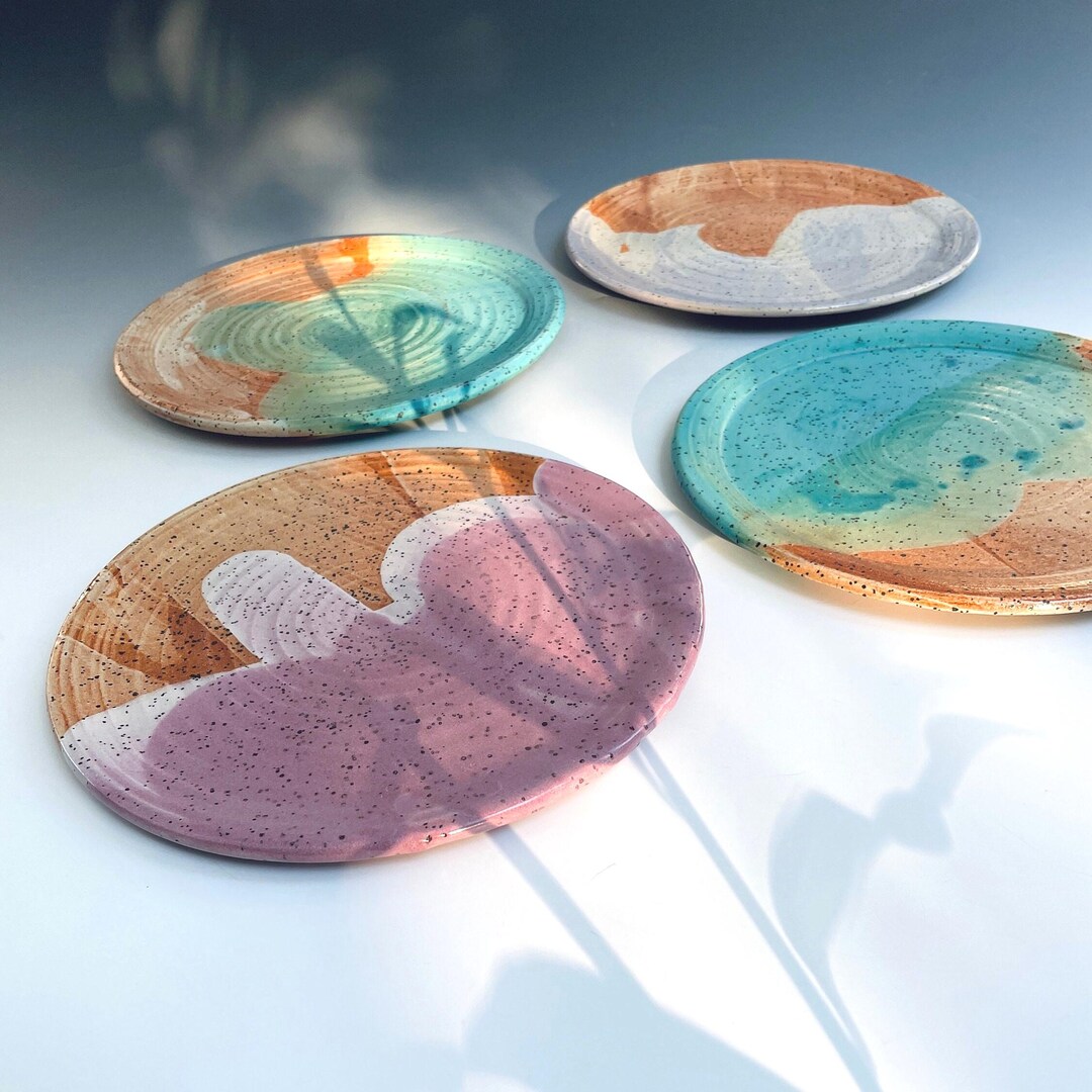 Four Speckled Pottery Plates in Earthy Pastel Colors, Tan - Pink - Blue ...