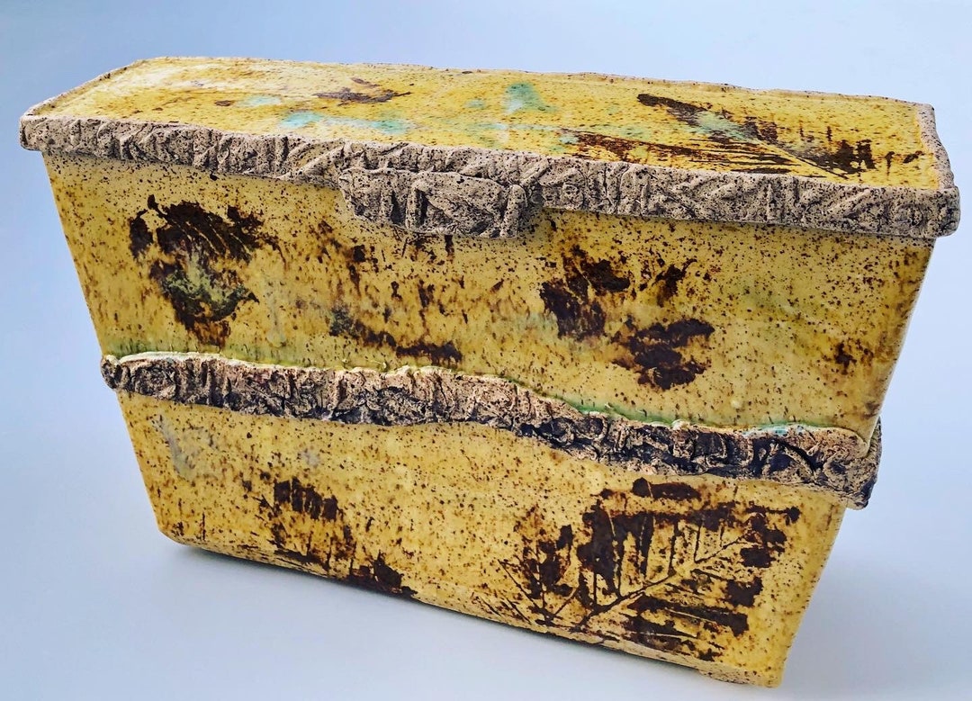 Ceramic Keepsake Box Earthy Yellow With Leaf Patterns Unique Handmade ...