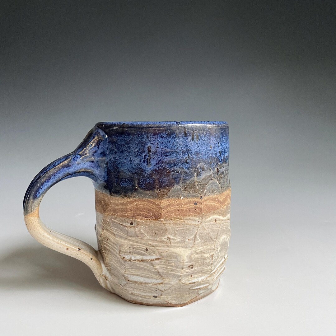 Earthy Blue, White & Brown Handmade Coffee Mug, 16 Ounce Ceramic Mug ...