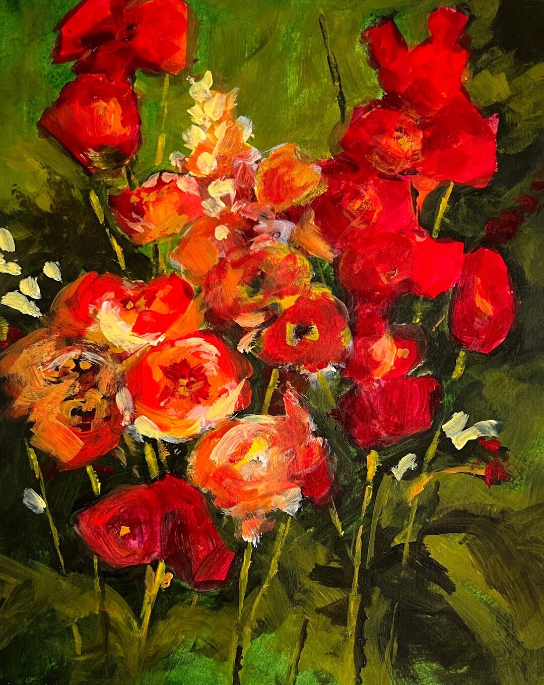 Abstract Red Flowers, Original One of a Kind, Small Still Life Painting ...
