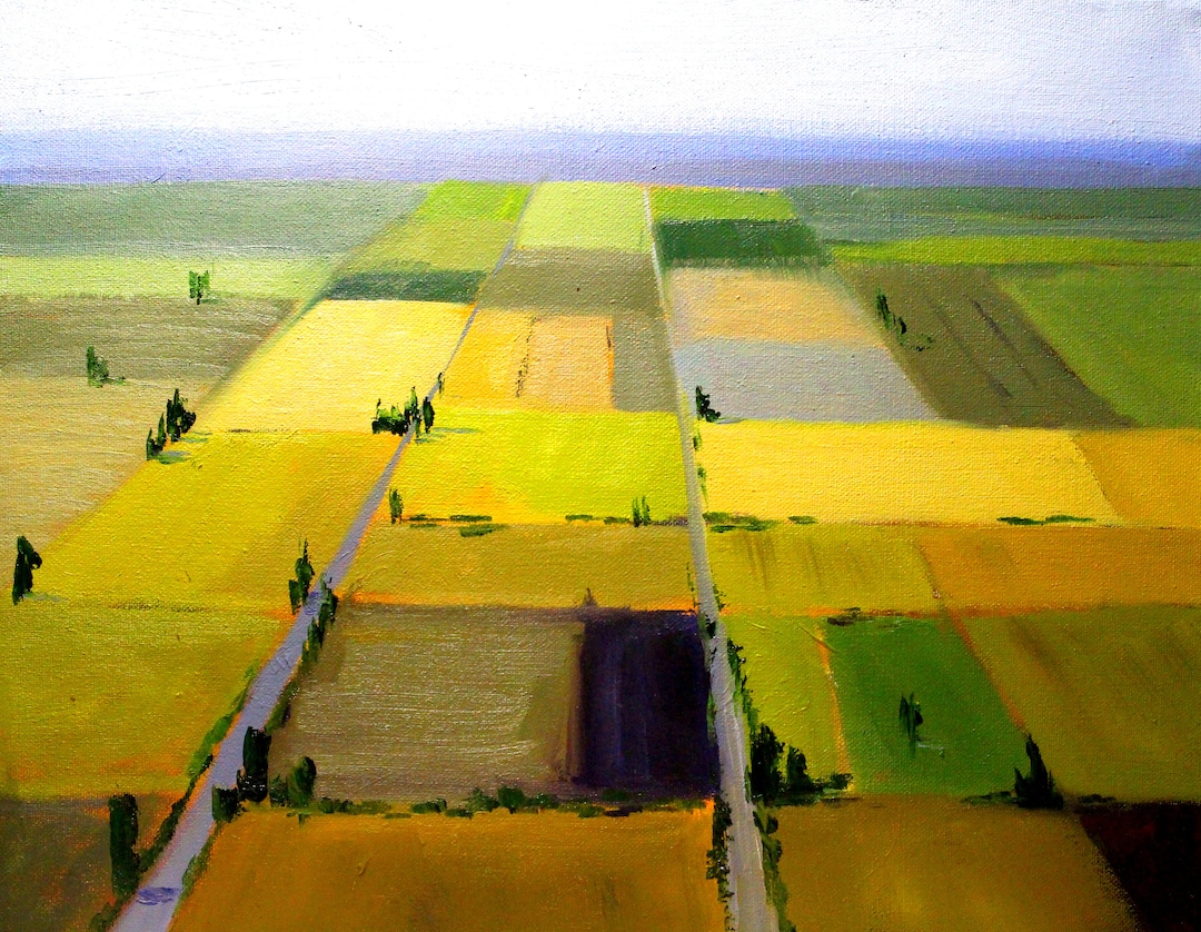 Aerial View Farm Country Art, Farmland Fields Countryside Artwork, Farm ...