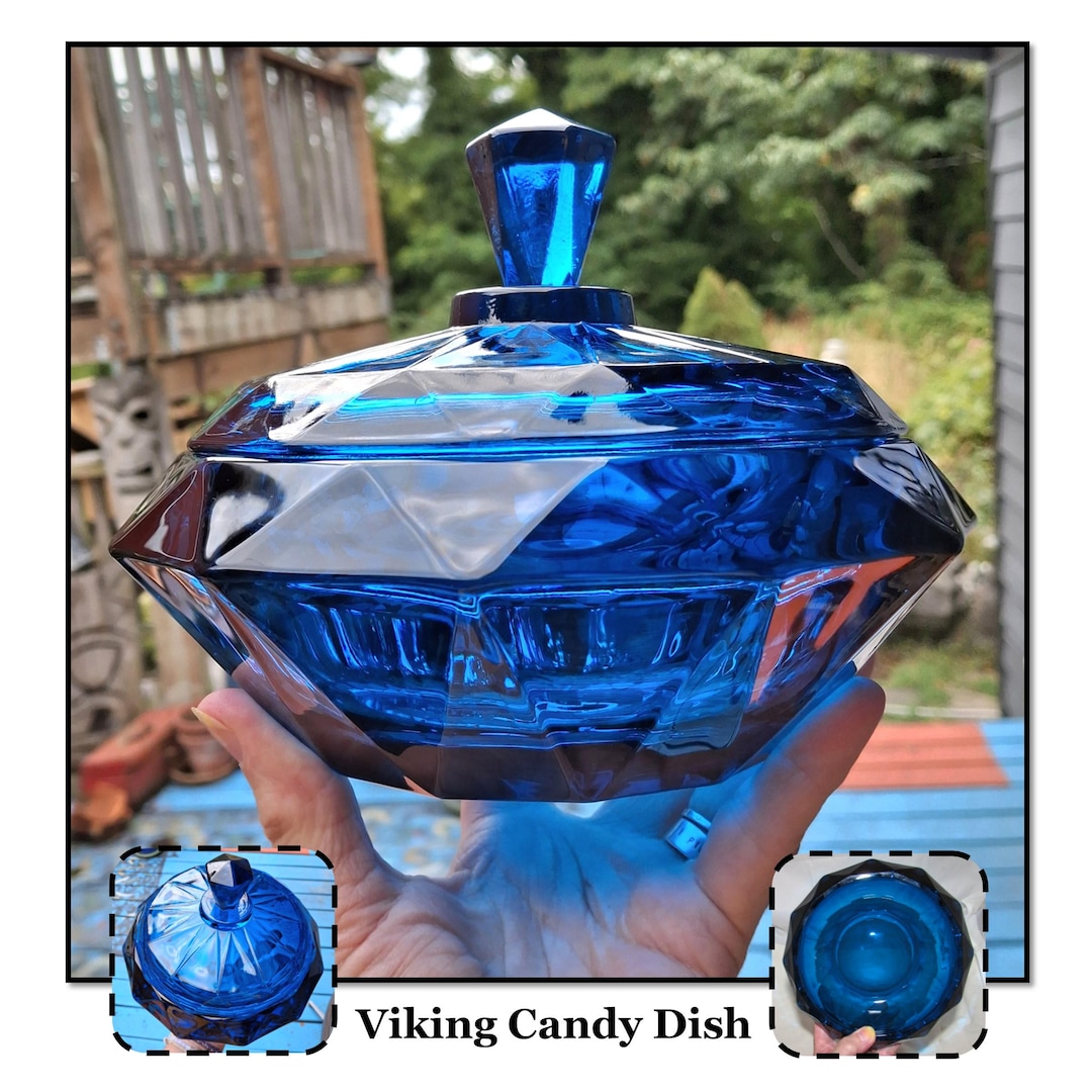 Vintage Viking Glass Deep Georgian Blue Diamond Point Covered Candy ...