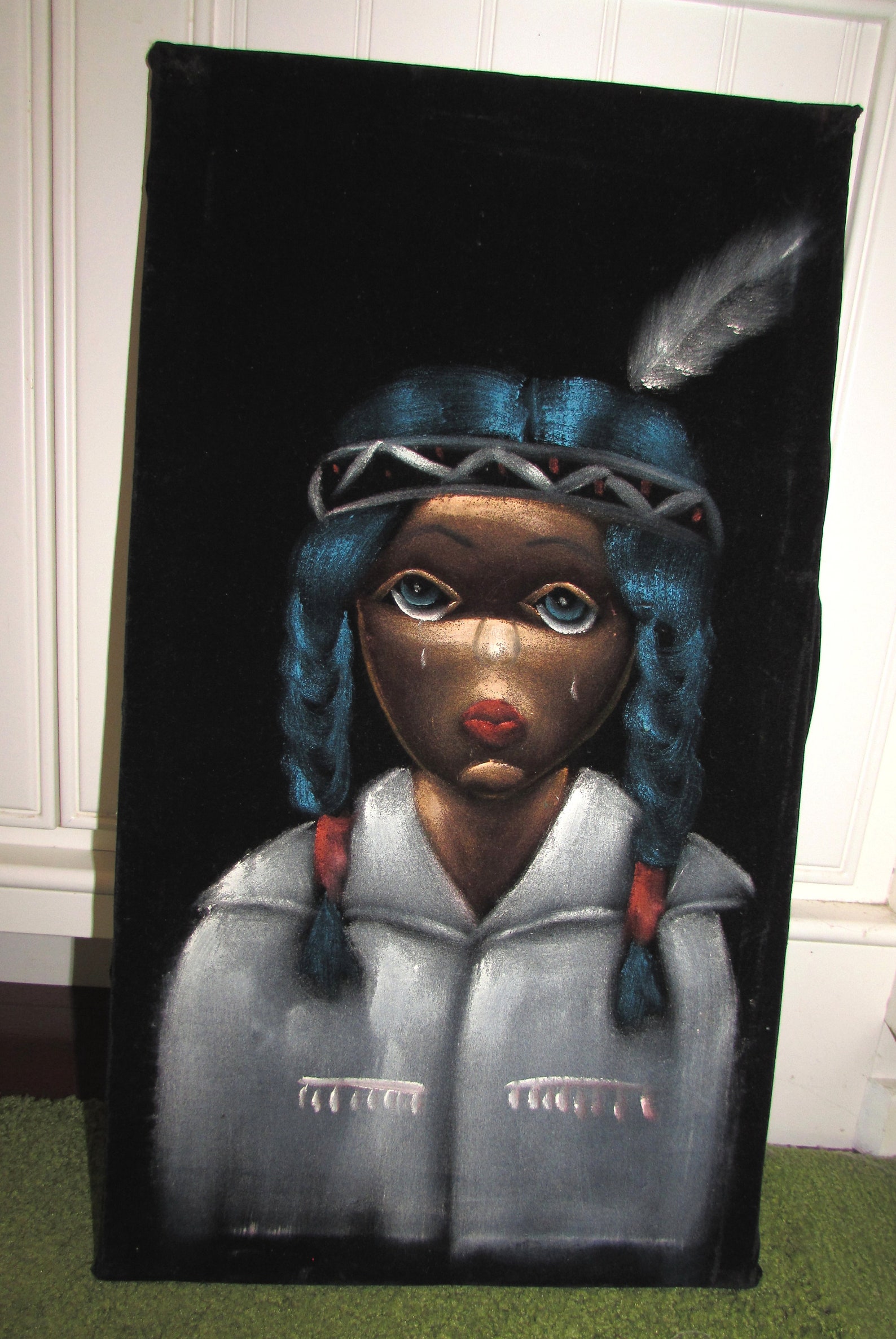 Vintage Black Velvet Painting of Crying Native American Indian Girl ...