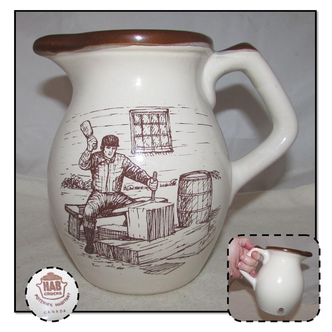 Vintage Stoneware Syrup Pitcher, Image of Woodworker Splitting Wood by ...