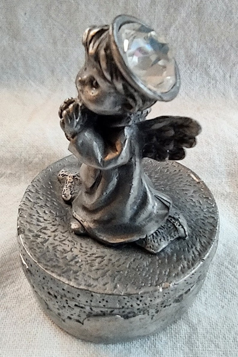 Vintage Pewter Tooth Fairy Angel Box With Rhinestone Halo W/ Flocked ...