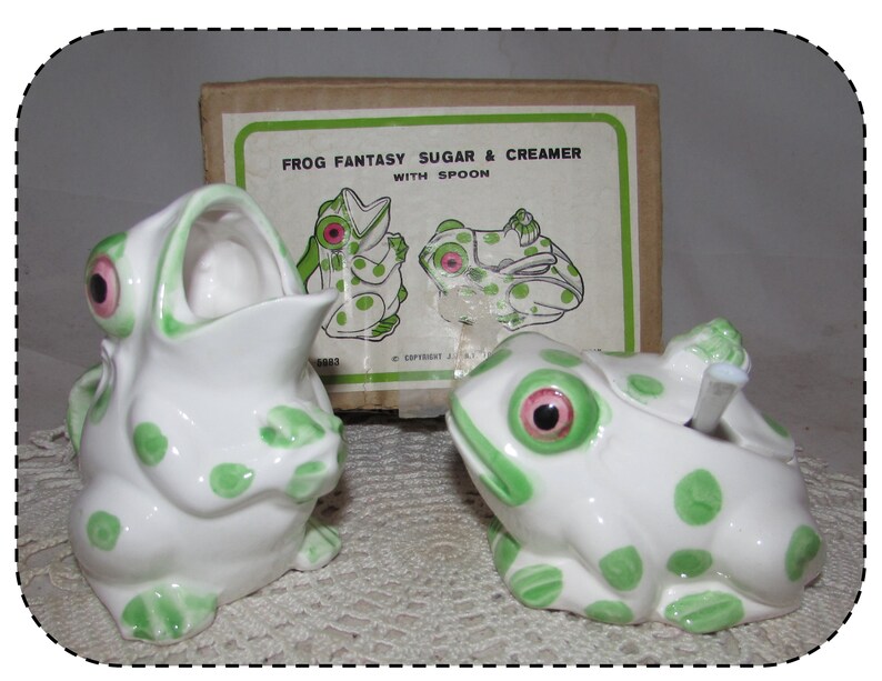 Vintage White & Green Polka Dot Frog Cream and Sugar by JS of | Etsy