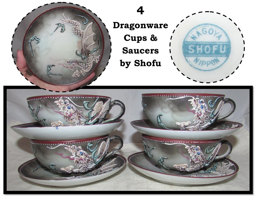 Set of 4 - Antique Japanese Dragonware Tea Cups & Saucers With Moriage ...