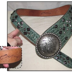 Vintage Green Alligator Print Leather Slouch Belt With Pyramid Shaped ...