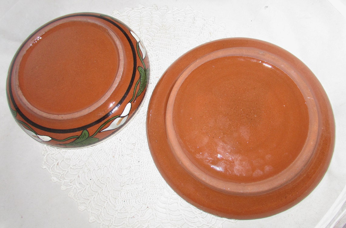 Vintage Handmade and Painted Red Clay Earthenware Plate & Bowl Set W ...
