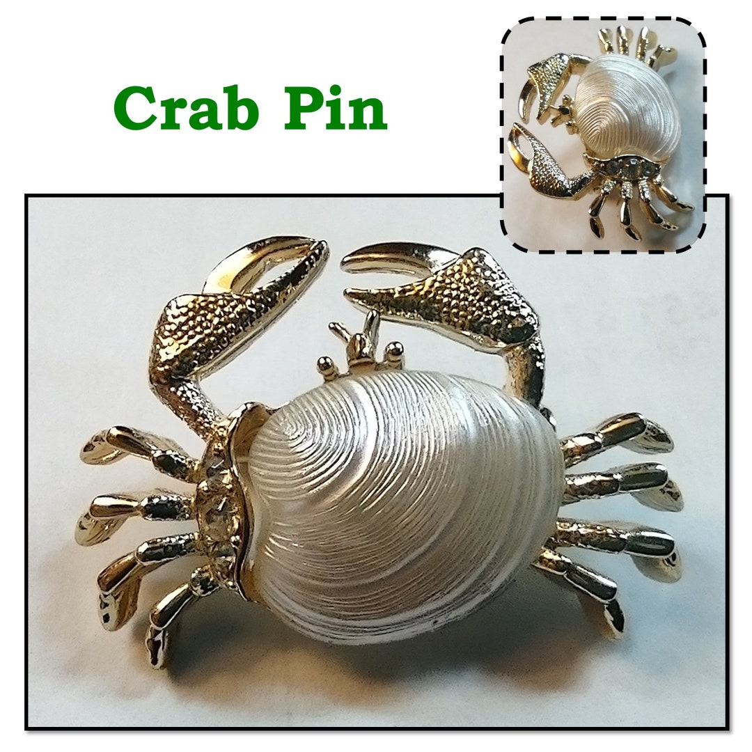 Vintage Gold Tone Crab Pin Brooch With While Shell, Astrological Cancer ...