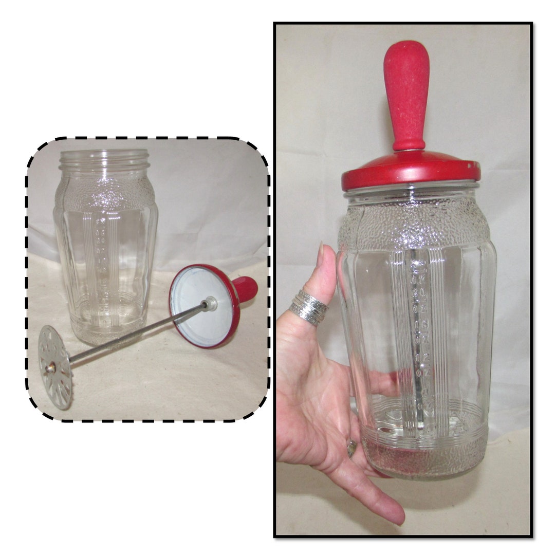 Vintage Glass Whipped Cream Mixer Jar With Red Lid and Wood Handle by ...