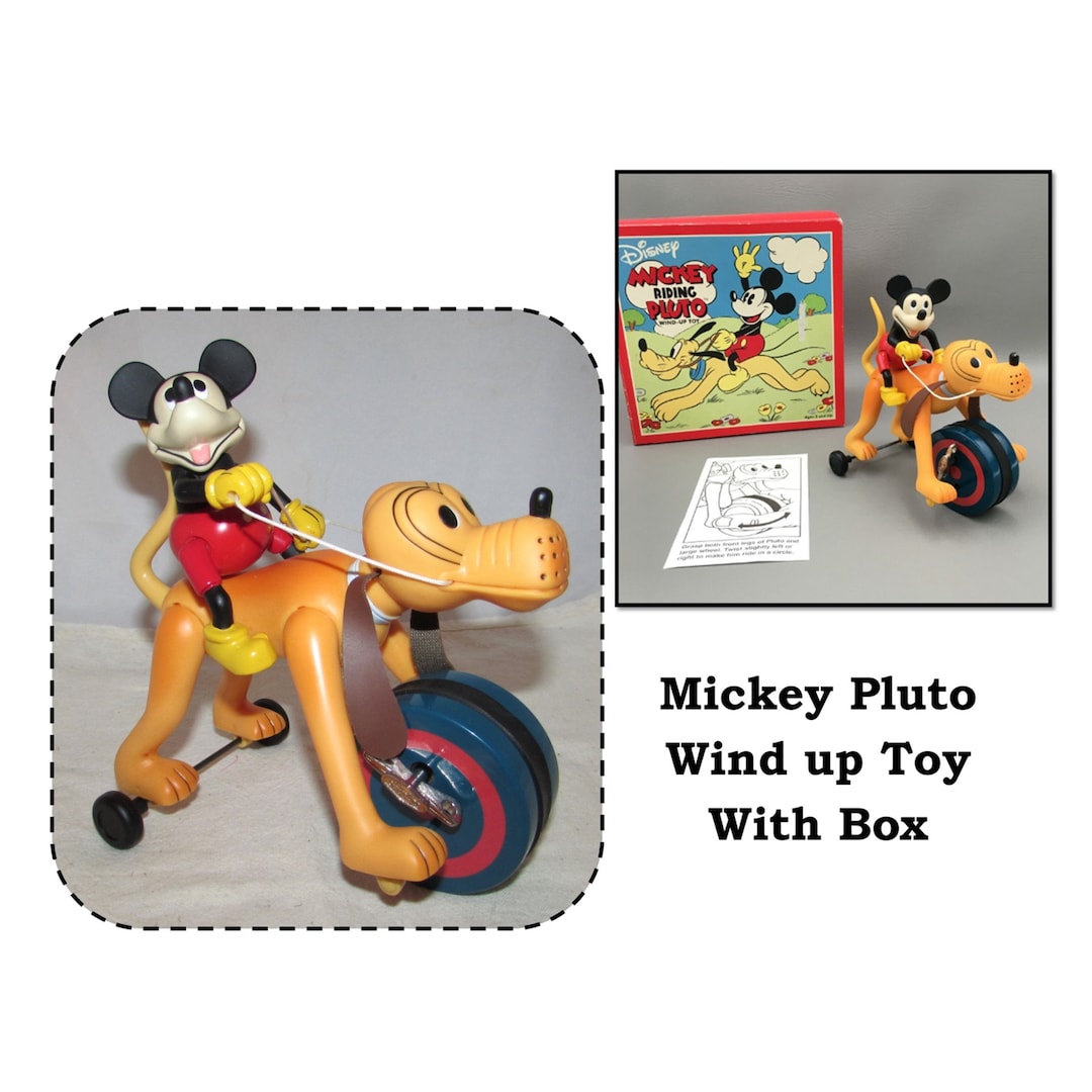 Vintage 2002 Wind up Toy, Mickey Mouse Riding Pluto in Original Box ...