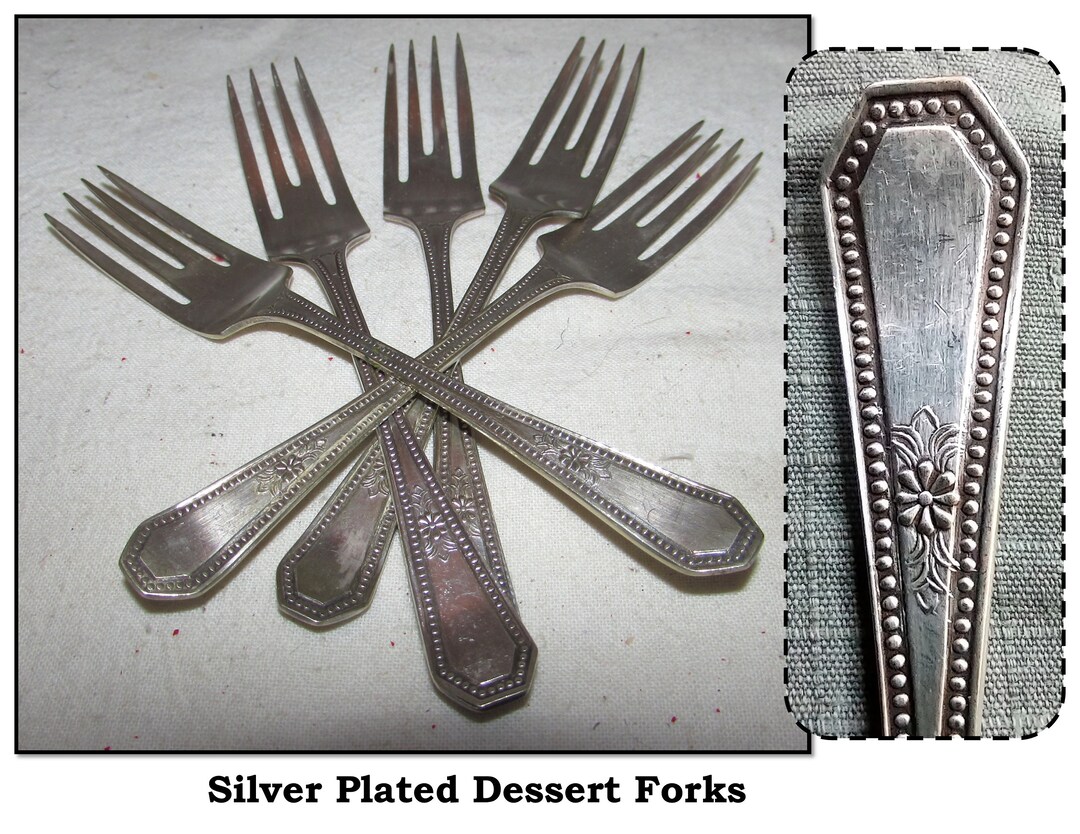 5 - Vintage Silver Plated Dessert Cake Forks With Embossed Flower, EPNS ...