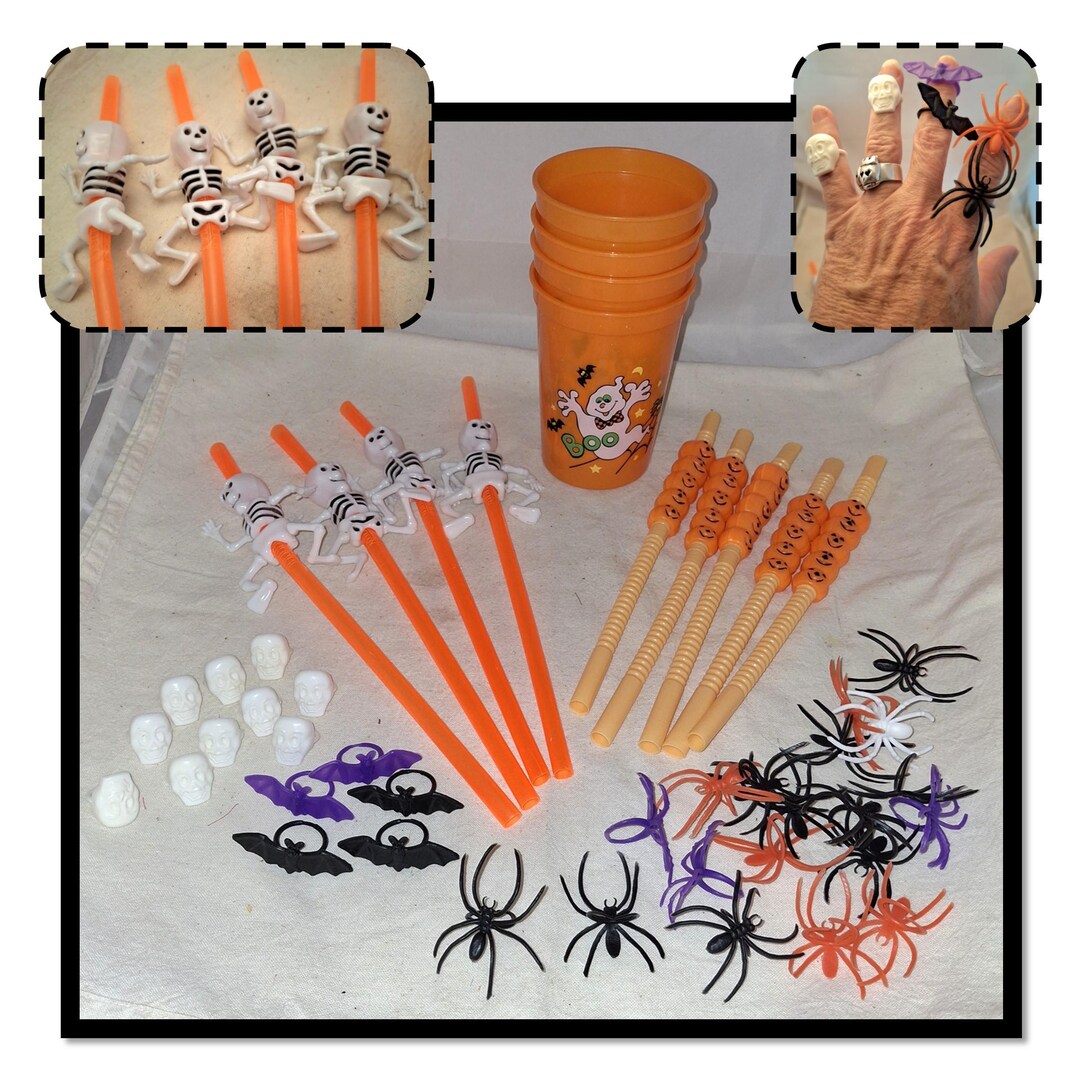 Vintage Halloween Party LOT - Skeleton & Pumpkin Straws, Plastic Cups ...