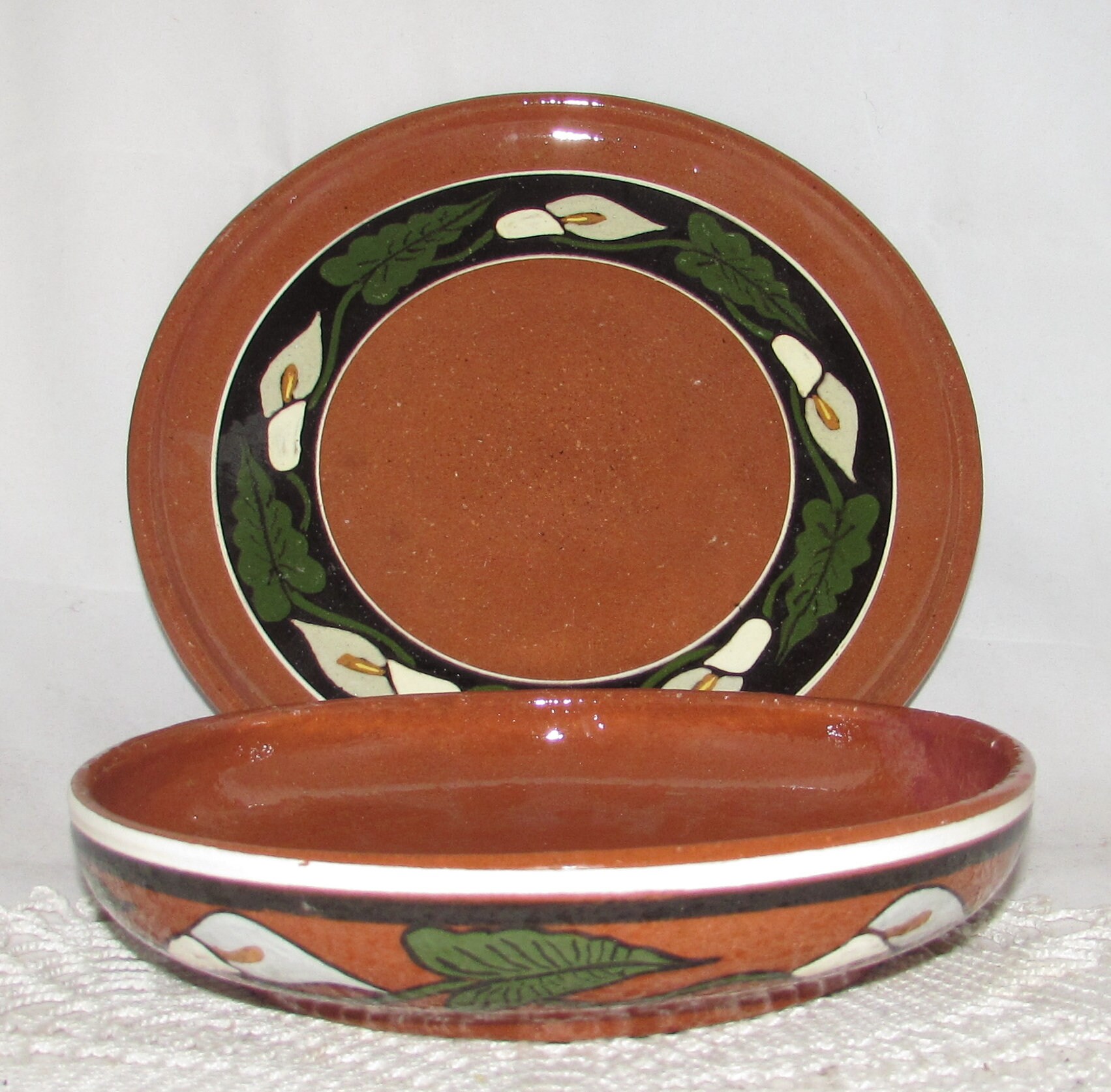 Vintage Handmade and Painted Red Clay Earthenware Plate & Bowl Set W ...