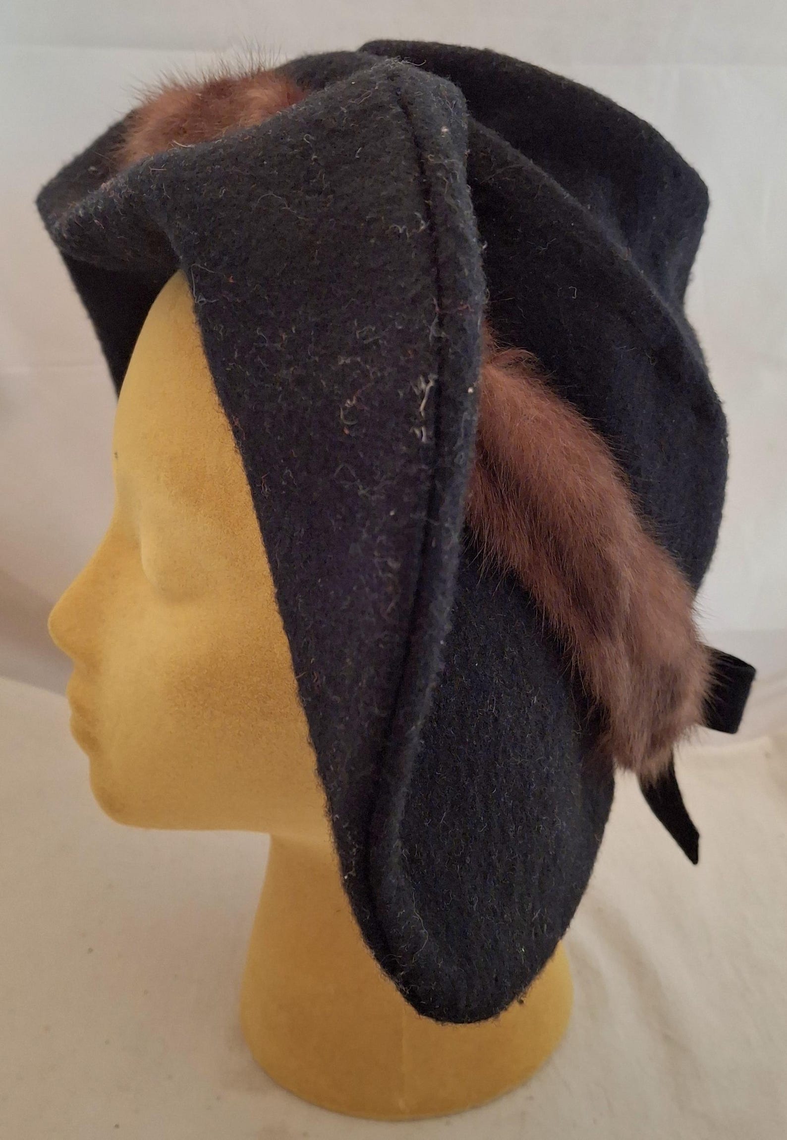 Vintage Black Wool Ladies Hat With Brown Fur Trim From Frederick ...