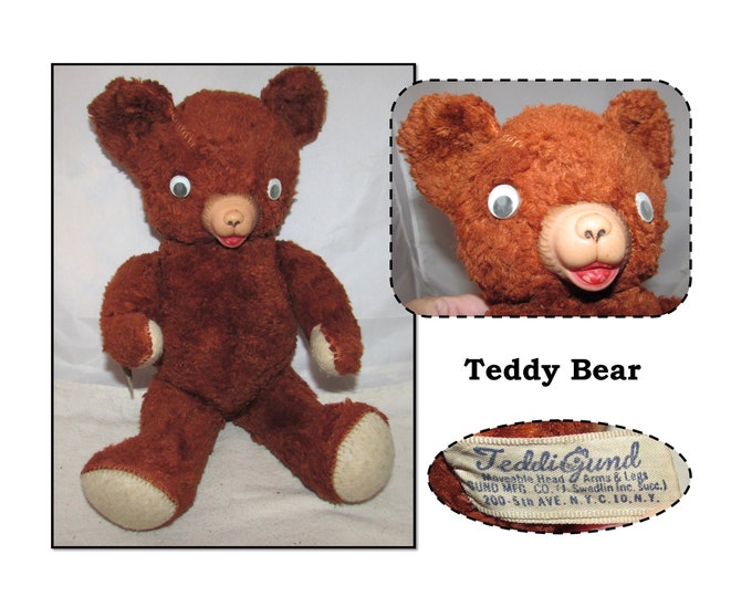 Vintage Rusty Brown Jointed Teddi Bear With Rubber Snout & Googly Eyes ...