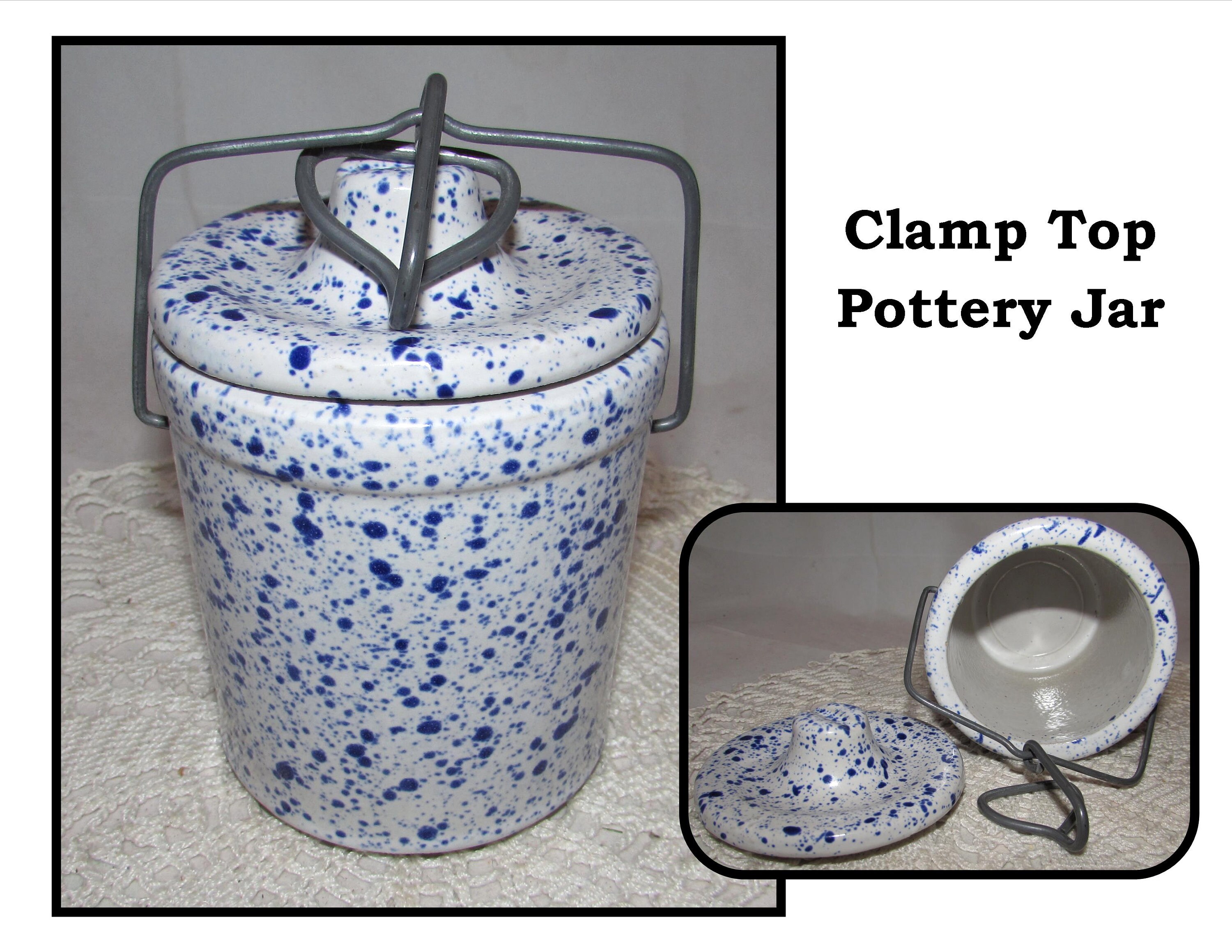 Vintage white and blue speckled stoneware crock with wire clamp lid ...