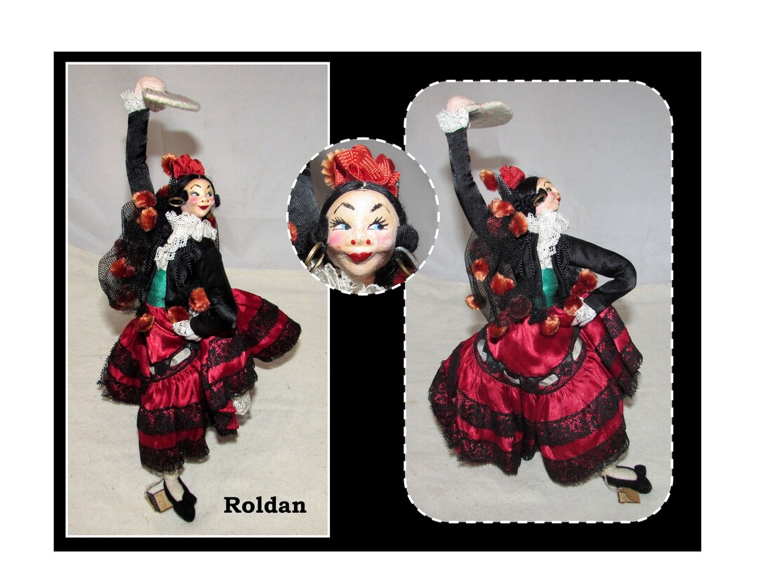 Vintage Spanish Flamenco Dancer Cloth Doll in Red & Black Dress by ...