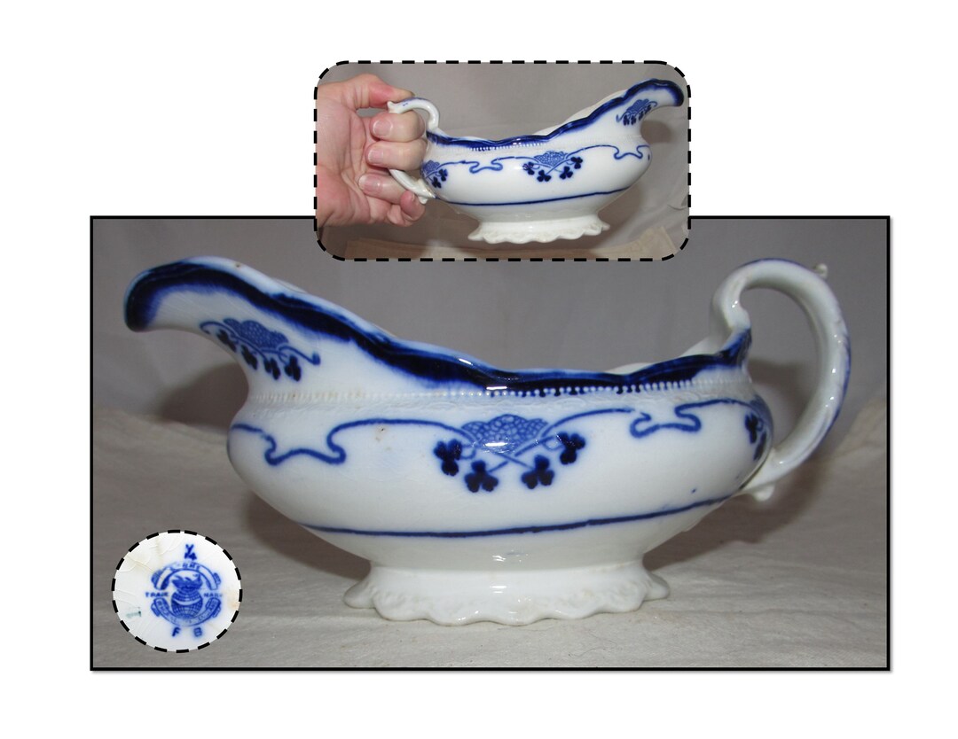 Antique Flow Blue Gravy Boat Pitcher by W H Grindley, Lorne Pattern ...