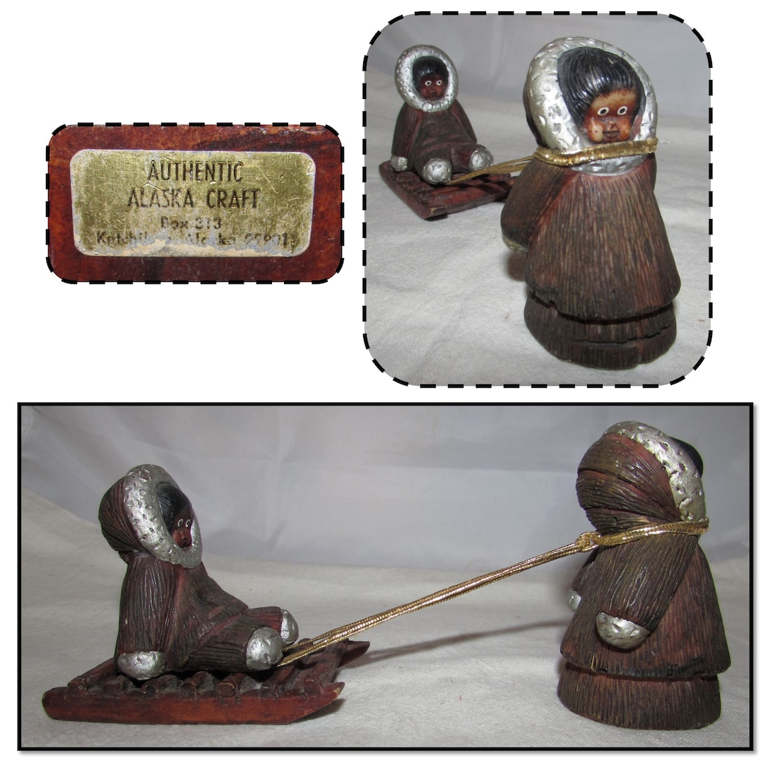 Vintage Hand Crafted Alaska Figurine, Inuit Eskimo Girl Pulling Boy on ...