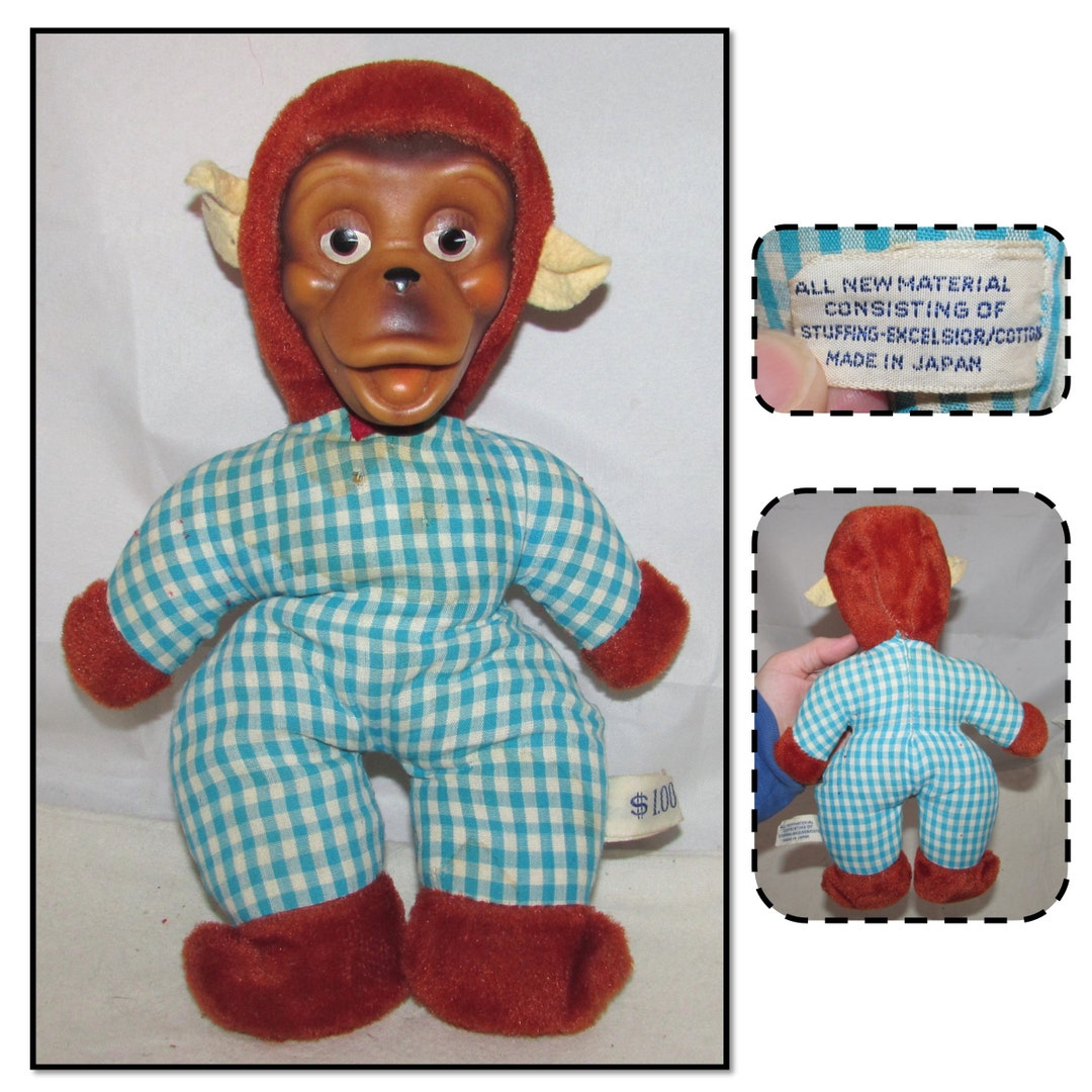 Vintage Brown Mohair Rubber Faced Plush Monkey With Checkered Body ...