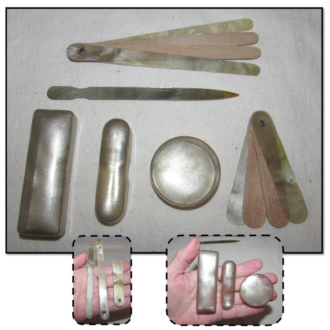 Vintage Thin Plastic Celluloid Manicure Tools & Container Set, Emery ...
