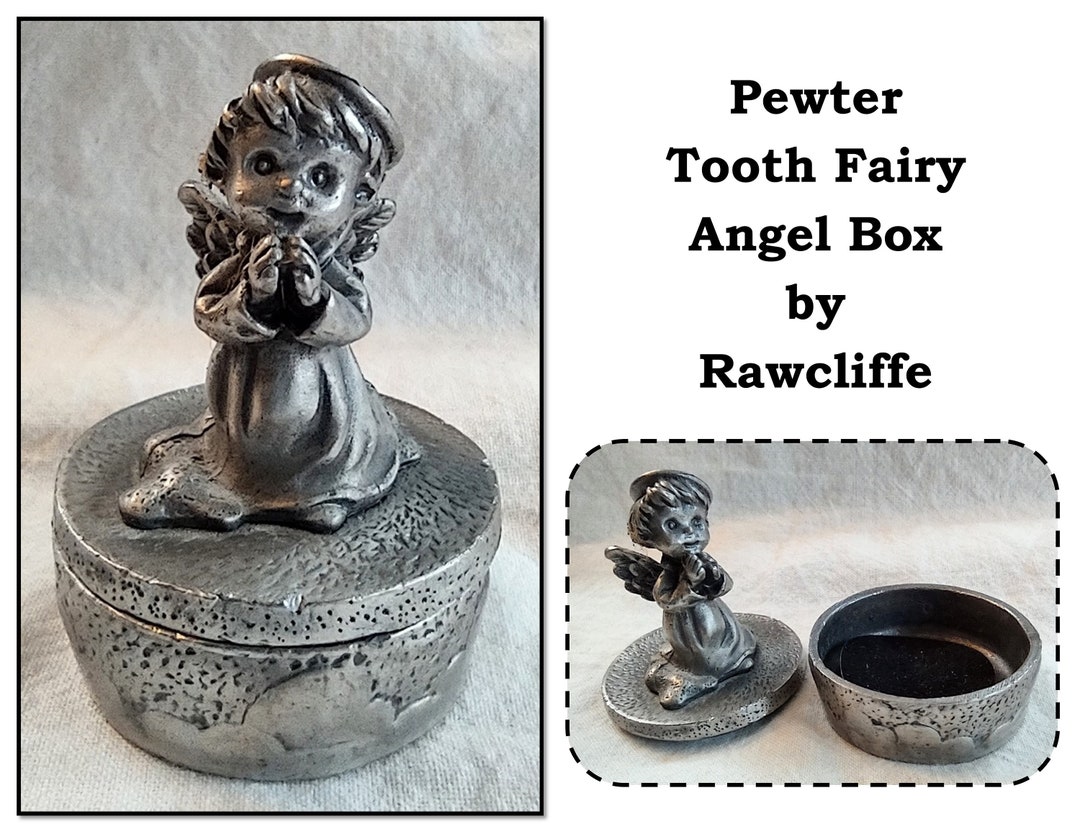 Vintage Pewter Tooth Fairy Angel Box With Rhinestone Halo W/ Flocked ...