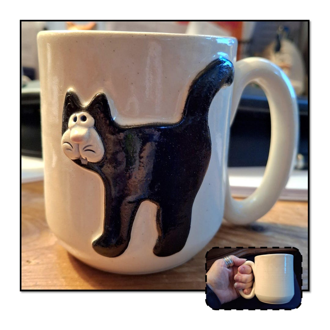 Vintage White Hand Thrown Studio Art Pottery Mug Cup With Applied Black ...