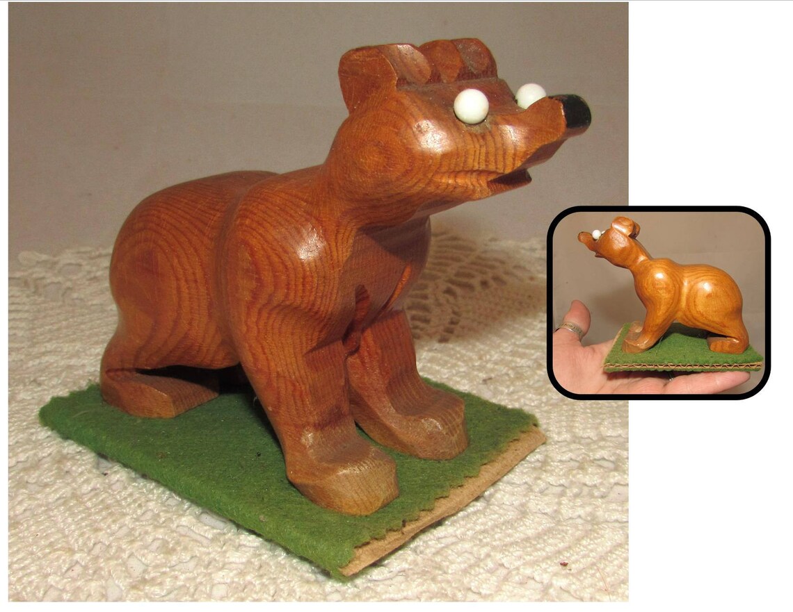 Vintage Carved Wood Bear With Bug Eyes Figurine, Folkart, Wooden Statue ...