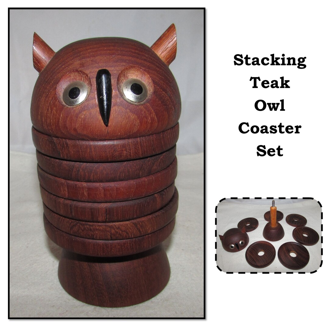 Vintage Teak Wood Stacking Owl Coaster Holder Caddy - Etsy