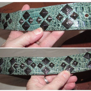 Vintage Green Alligator Print Leather Slouch Belt With Pyramid Shaped ...