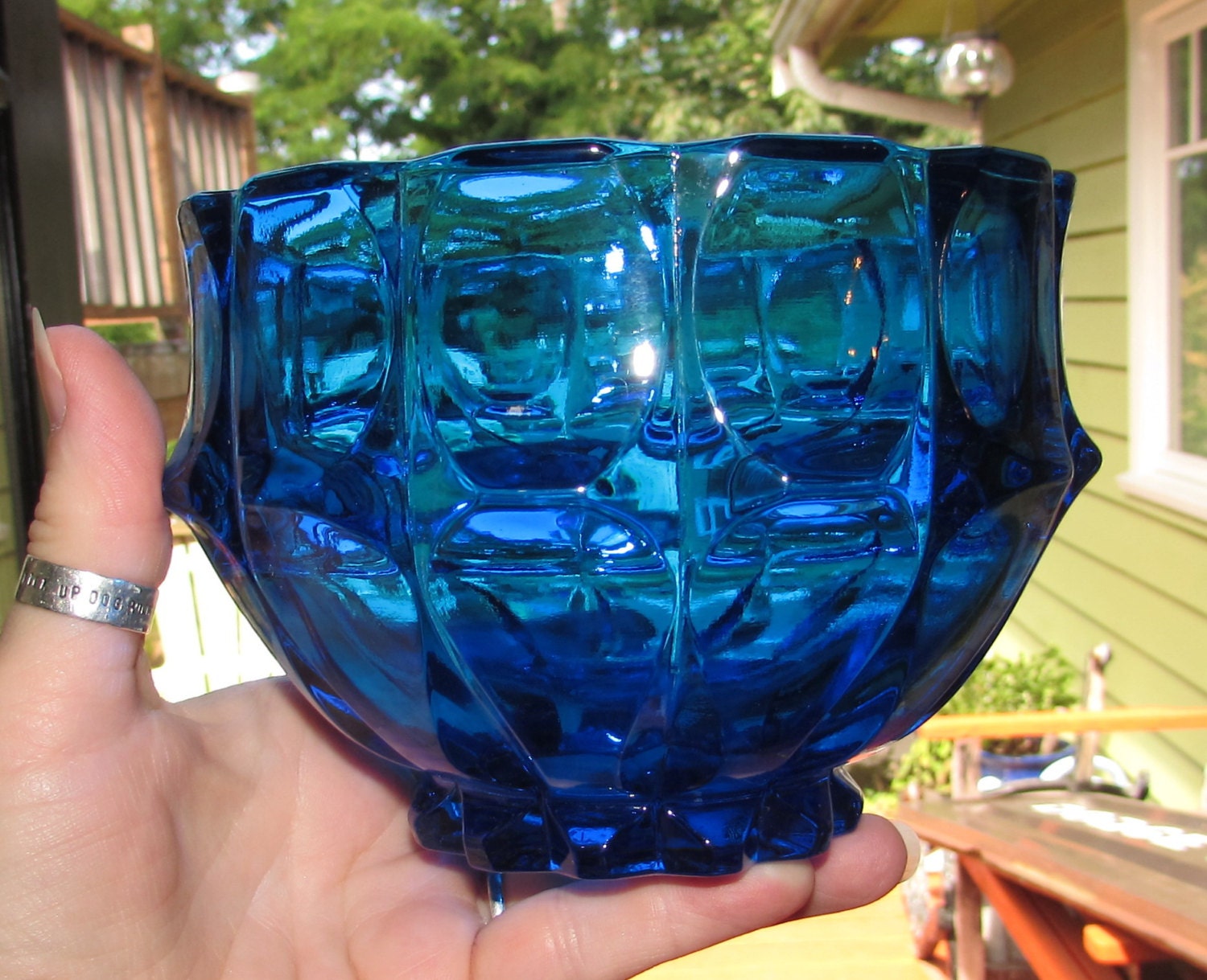 Vintage Bright Blue Glass Footed Dish Bowl, Flower Peddle Design Bottom ...