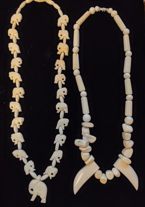 2 - Vintage Bovine Bone Necklaces, Elephant Theme & B… - Gem