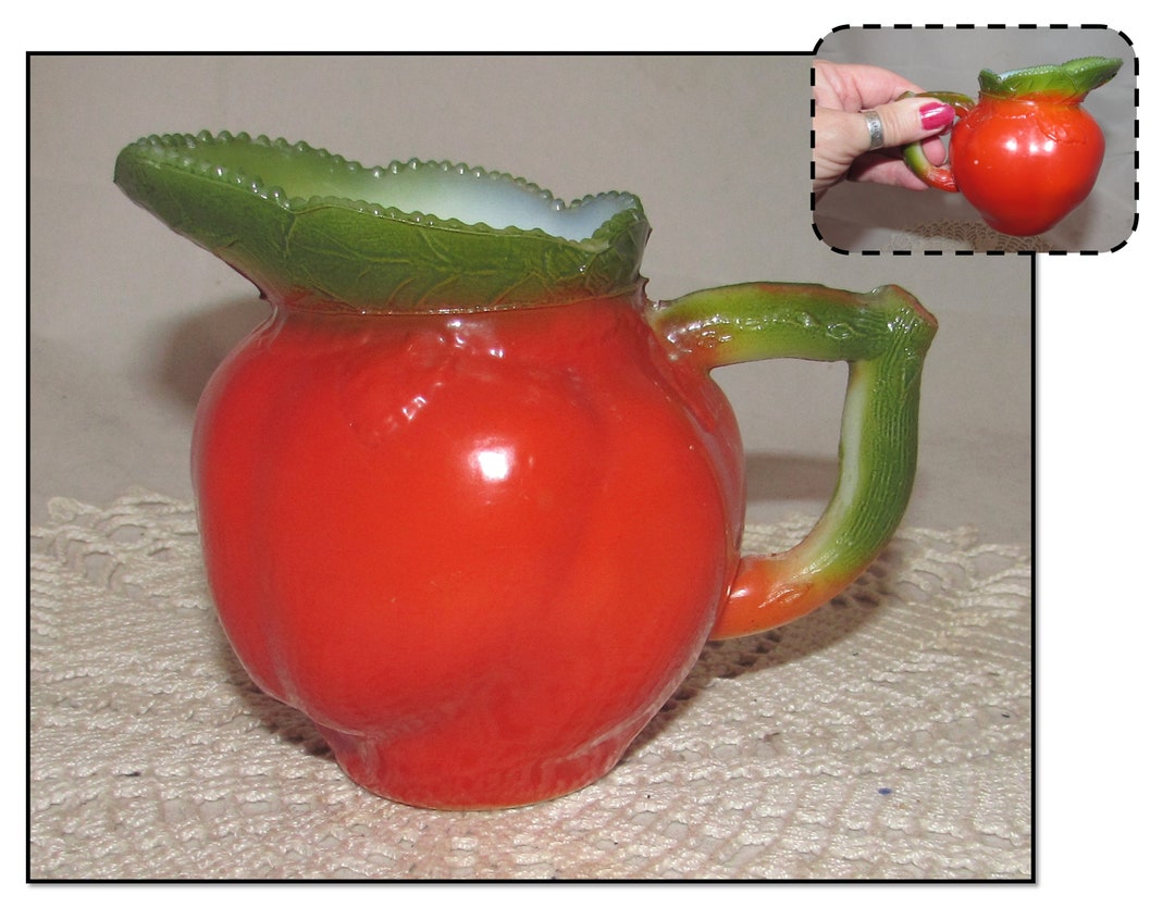 Antique Painted Orange & Green Milk Glass Tomato Shaped Ketchup Pitcher ...