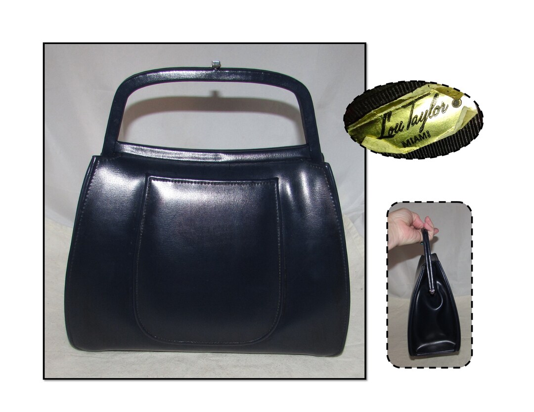 Vintage Dark Blue Vinyl Top Handle Purse Handbag With Black Interior by ...