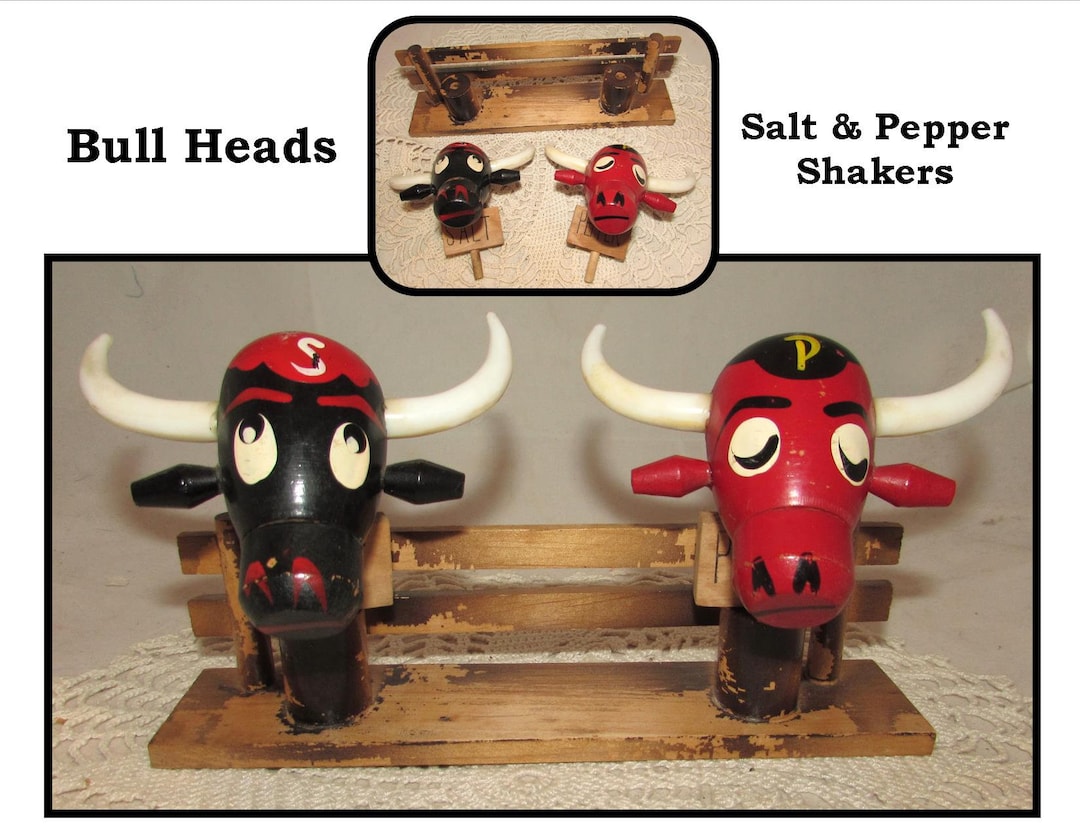 Vintage Wooden Bull Head Salt & Pepper Shakers With Corral Holder, Wood ...