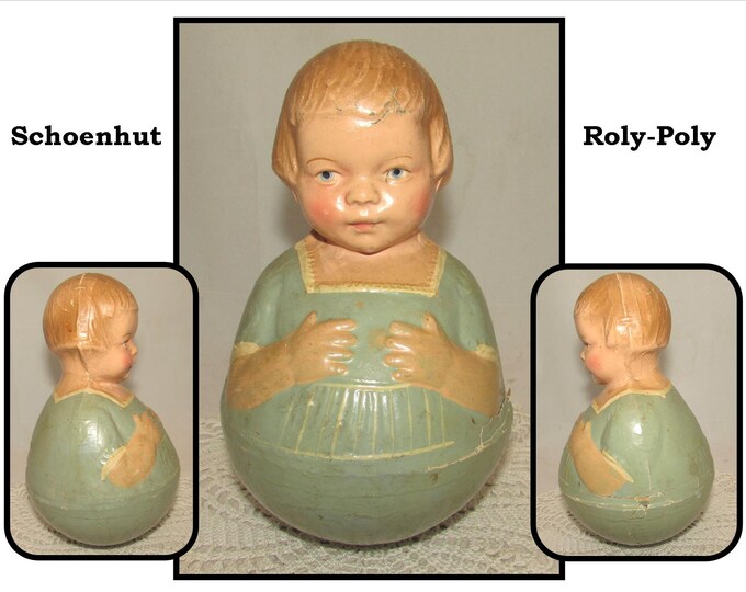 Antique Toy Paper Mache Roly Poly Girl Doll by Schoenhut Toy Co, Green ...