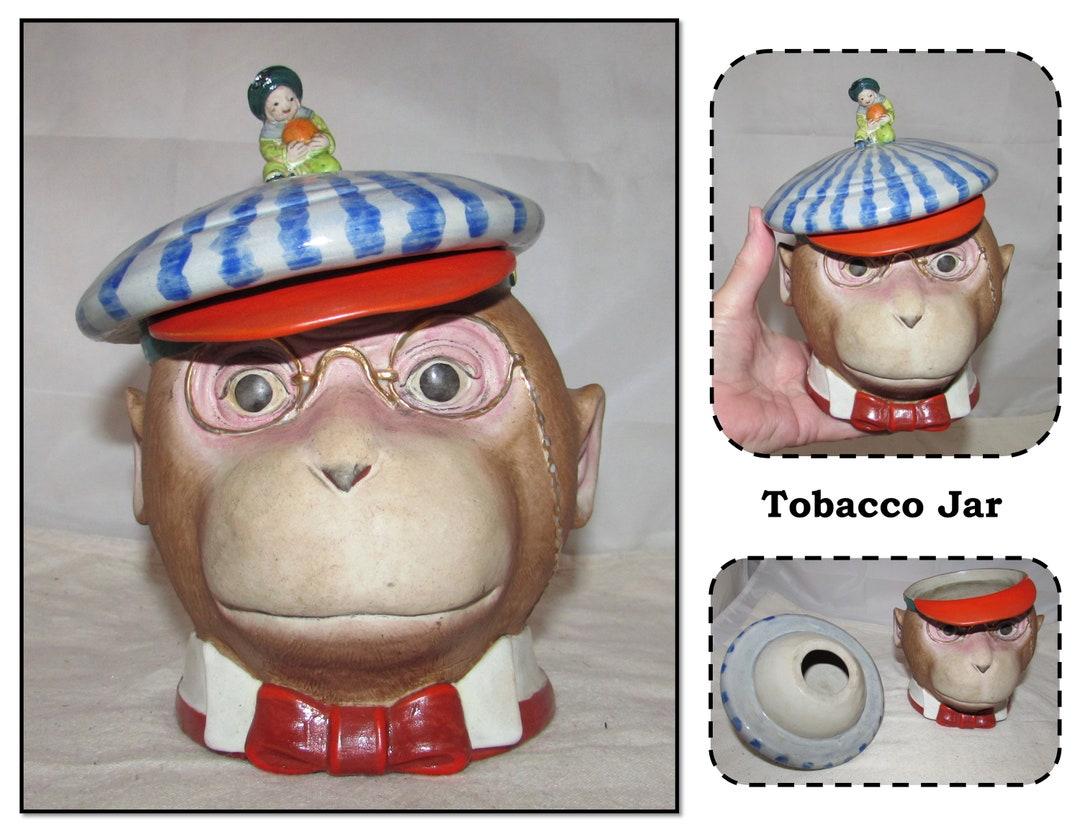 Vintage Ceramic Tobacco Jar Container, Monkey Wearing Glasses & Beanie ...