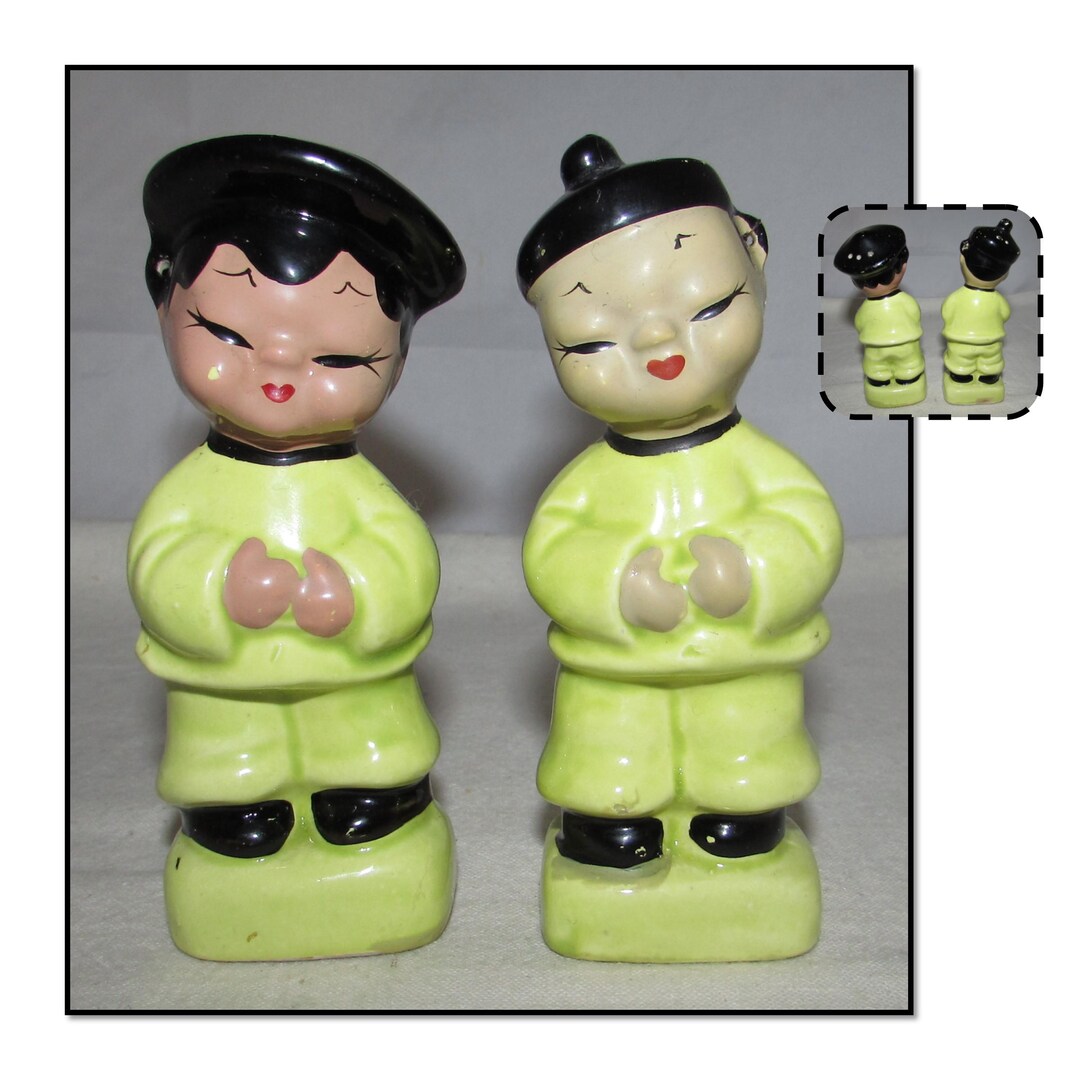 Vintage Ceramic Chinese Men in Green Salt Pepper Shakers, Japan - Etsy