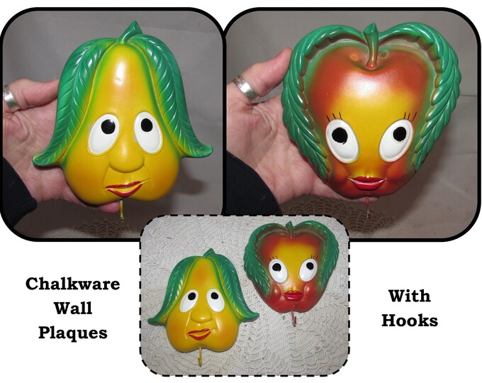 TWO - Vintage Chalkware Plaster Fruit Wall Plaques With Hooks ...