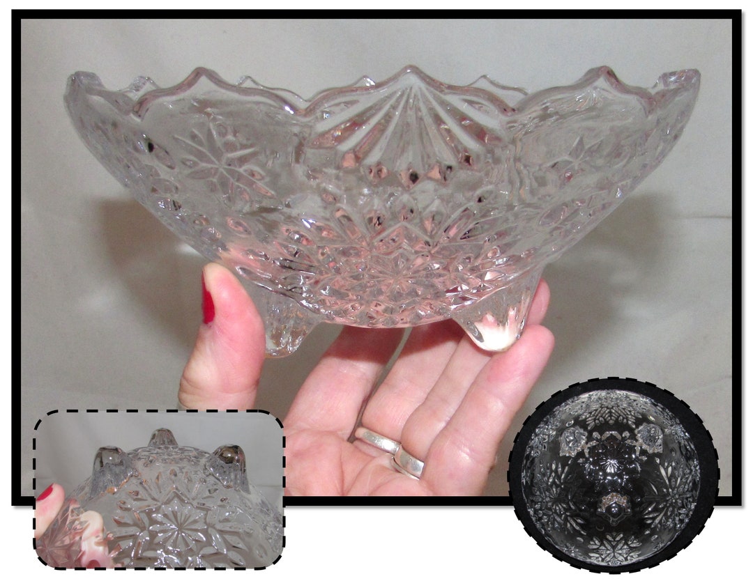 Vintage Clear Crystal Glass Footed Bowl W/ Embossed Snowflakes by ...