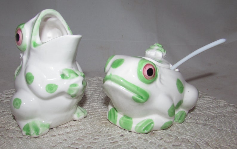 Vintage White & Green Polka Dot Frog Cream and Sugar by JS of | Etsy