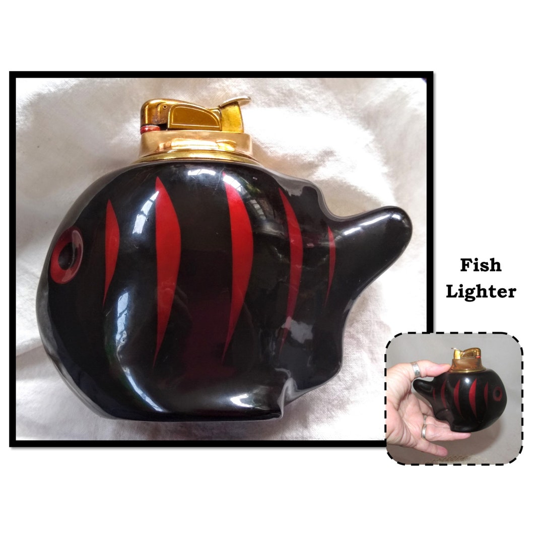 Vintage Black & Red Lacquered Pottery Fish Shaped Desk Lighter, Made in ...
