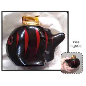 Vintage Black & Red Lacquered Pottery Fish Shaped Desk Lighter, Made in ...