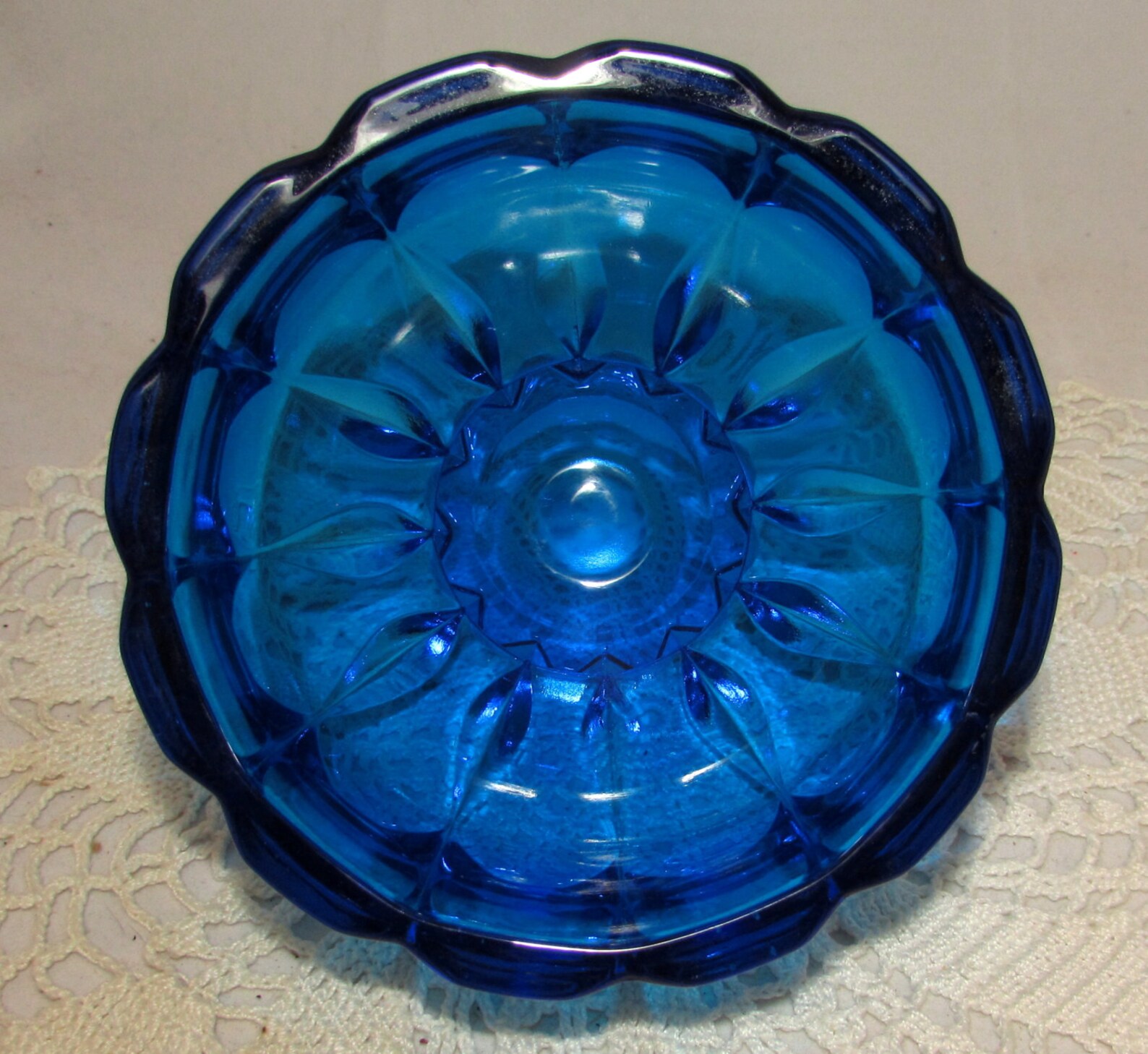 Vintage Bright Blue Glass Footed Dish Bowl, Flower Peddle Design Bottom ...